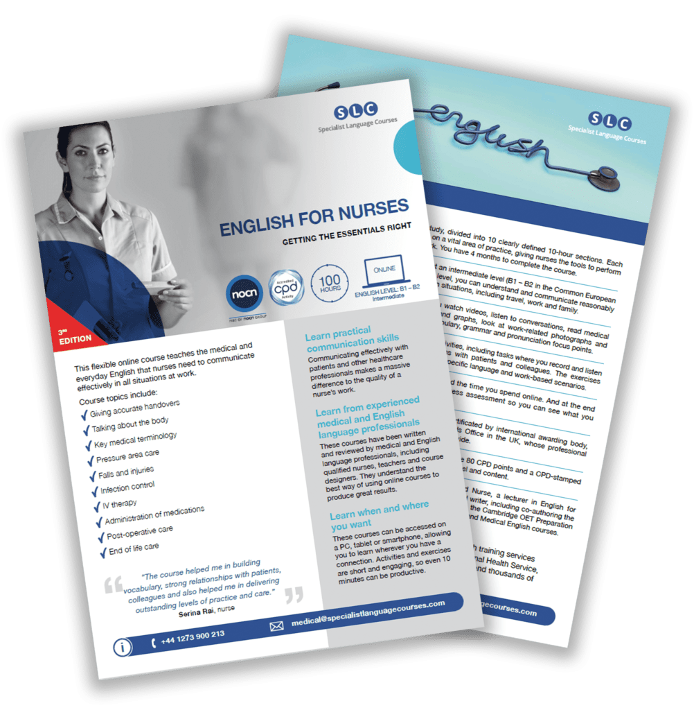English for nurses training class (100 hours) with Certificate